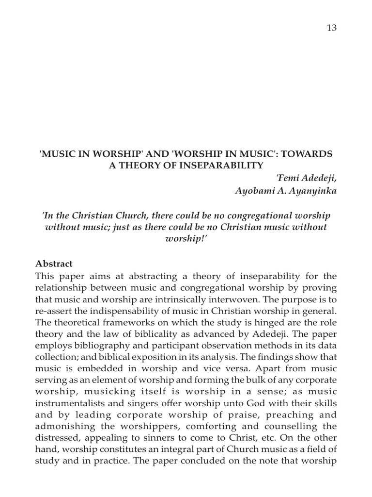 'Music in Worship' and 'Worship in Music': Towards A Theory of ...