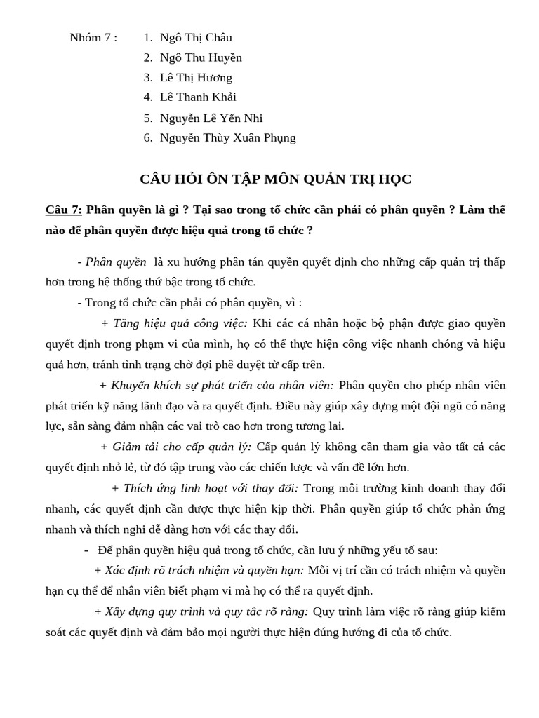 Nhóm 7 - Câu hỏi ôn tập QTH | PDF