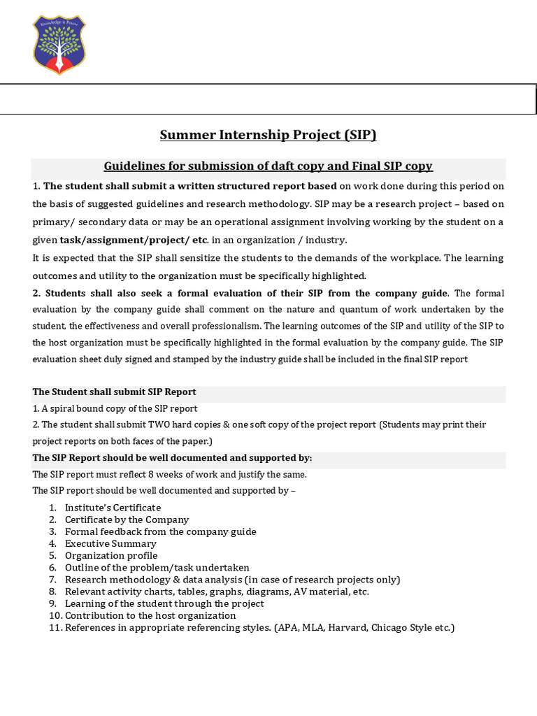 SIP Guidlines 2023-24 | PDF