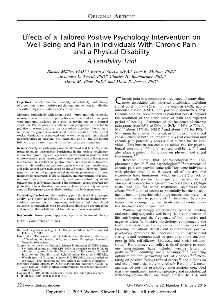 Effects of A Tailored Positive Psychology Intervention On Well-Being and Pain in Individuals ...