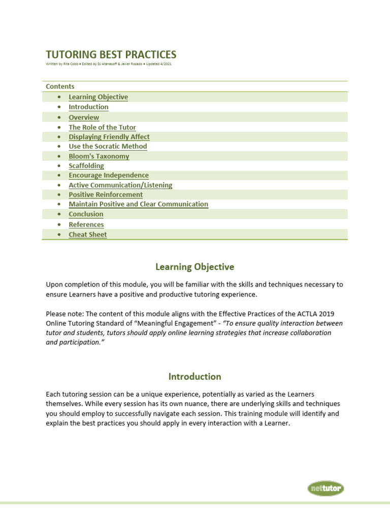 Tutoring Best Practices | PDF | Learning | Critical Thinking