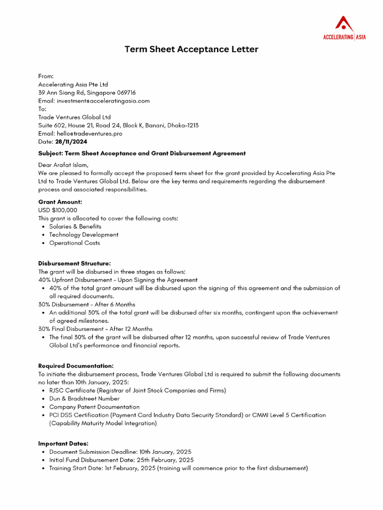 Term Sheet Acceptance Letter | PDF