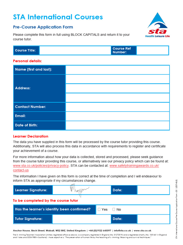 STA International Course Pre-Course Application Form 2 | PDF