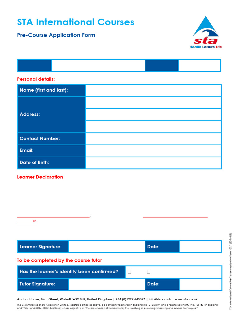 STA International Course Pre-Course Application Form | PDF