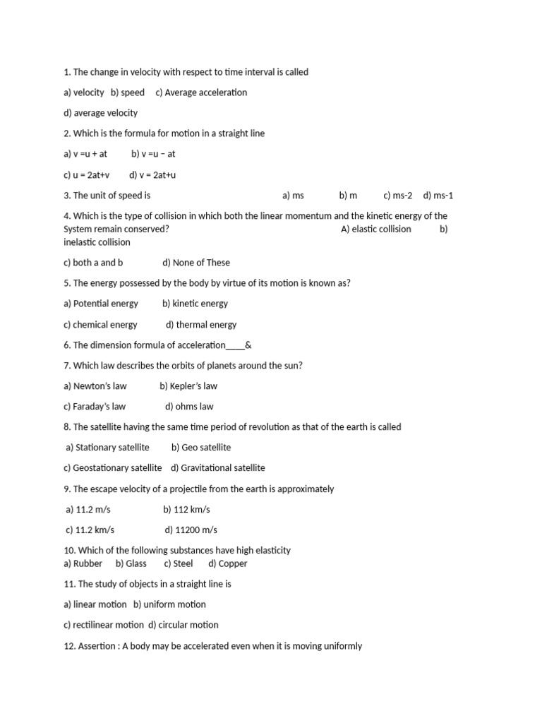 One Marks Worksheet PHY | PDF | Acceleration | Force