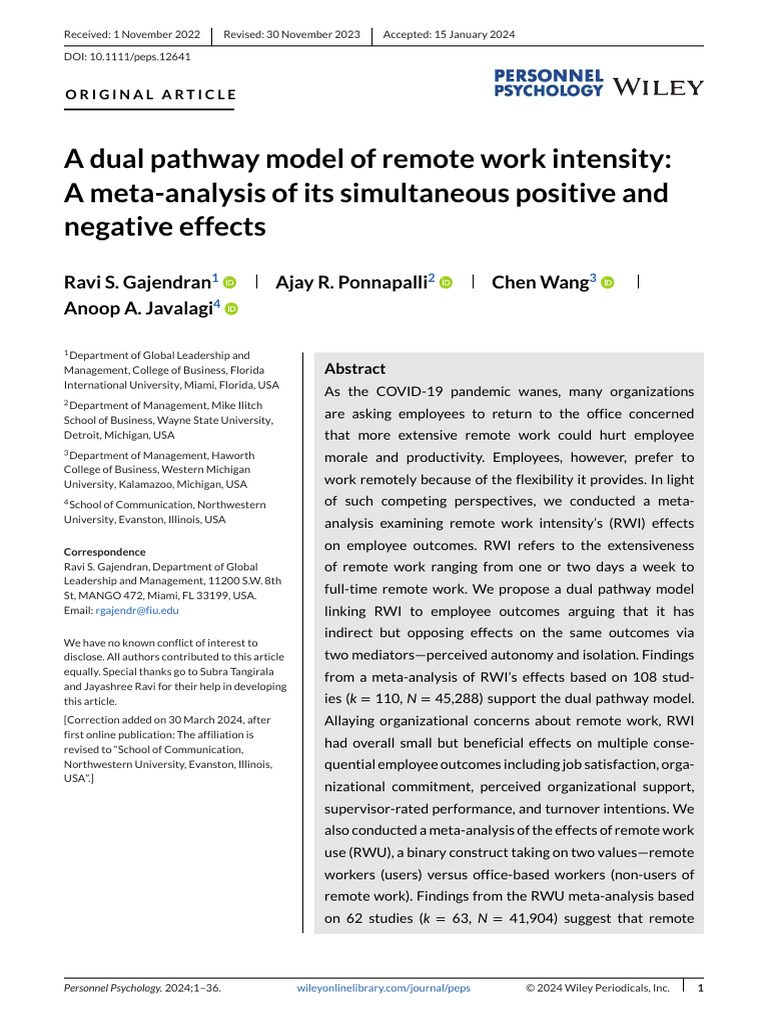 A Dual Pathway Model of Remote Work Intensity A Me | PDF | Effect Size ...