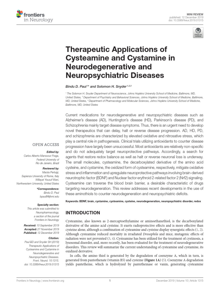 Therapeutic Applications of Cysteamine and Cystamine in ...