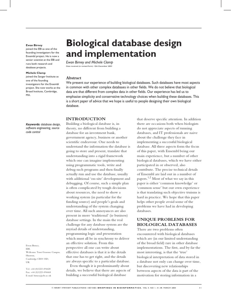 Biological Database Design and Implementation: Keywords: Database ...