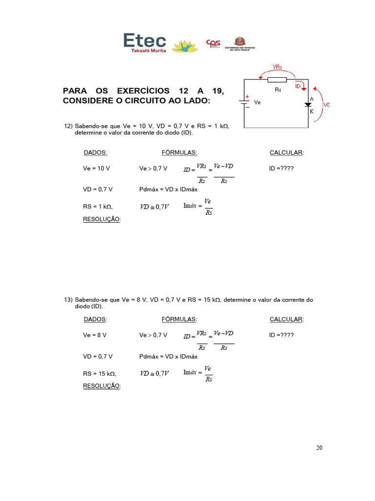 Lista de Exercícios 03 - Diodos - Cálculos | PDF | Diodo | Eletrônicos