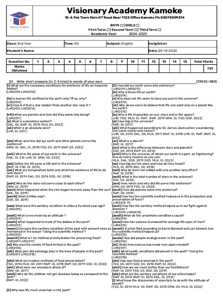 2nd Year English Exam 2024-2025 | PDF