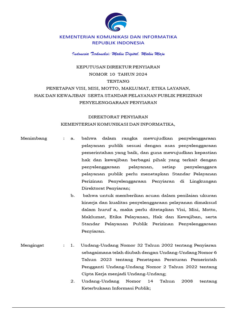 Kep - Dir Penyiaran Nomor 10 Tahun 2024 TTG Visi Misi Motta Standar Pelayanan | PDF