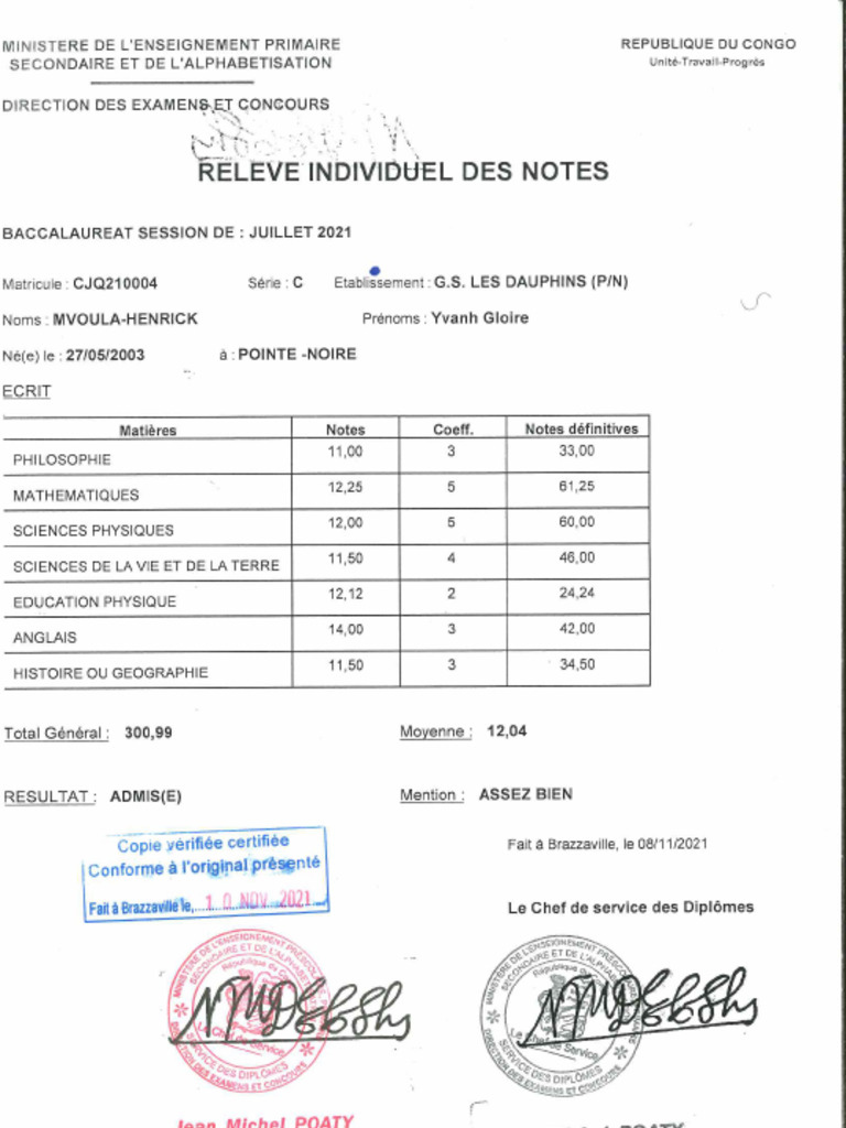 Releve de Note Du Bac | PDF