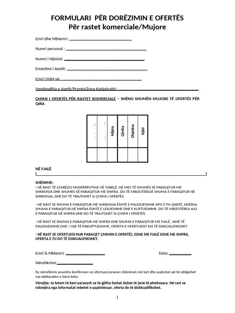 Formulari Për Dorëzimin E Ofertës Për Rastet Komerciale/mujore | PDF