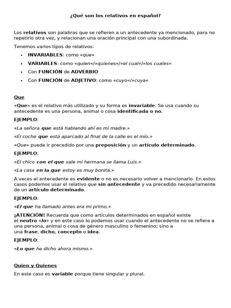 Los Relativos en Español | PDF | Preposición y Postposición | Género ...