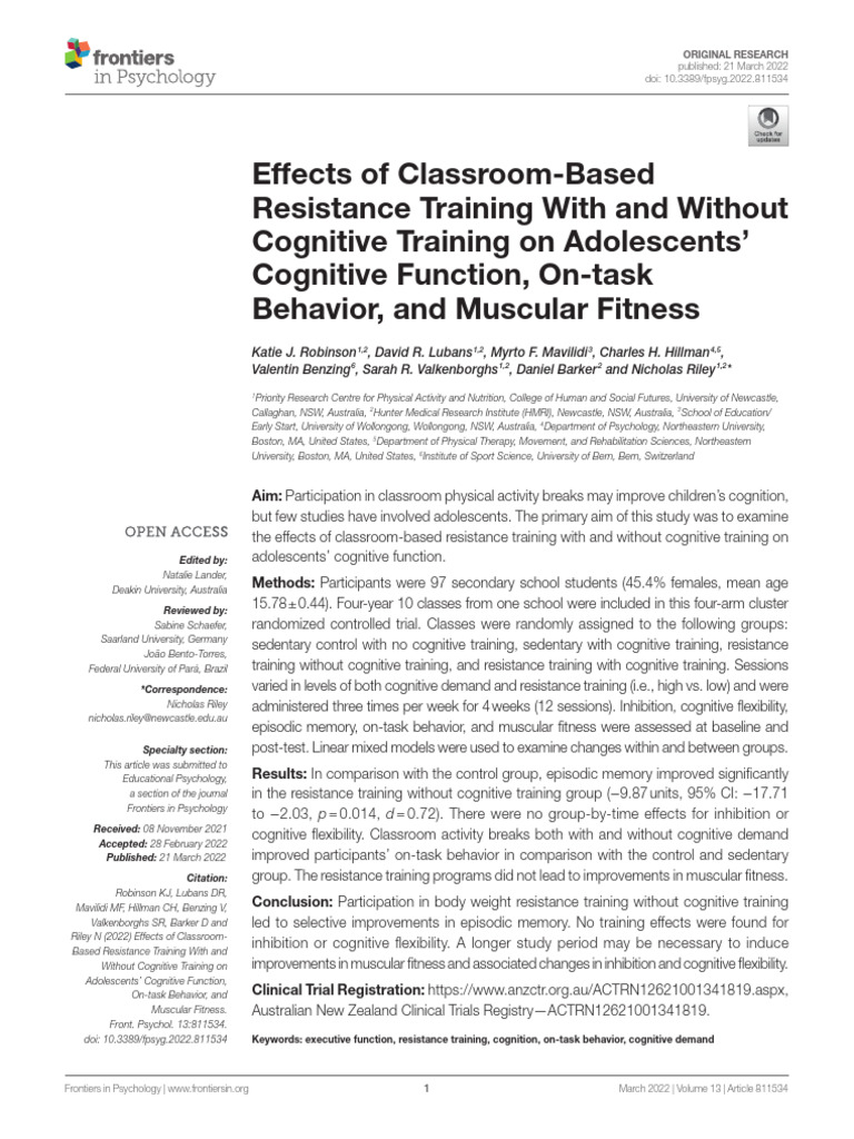 Effects of Classroom-Based Resistance Training With and Without Cognitive Training On ...