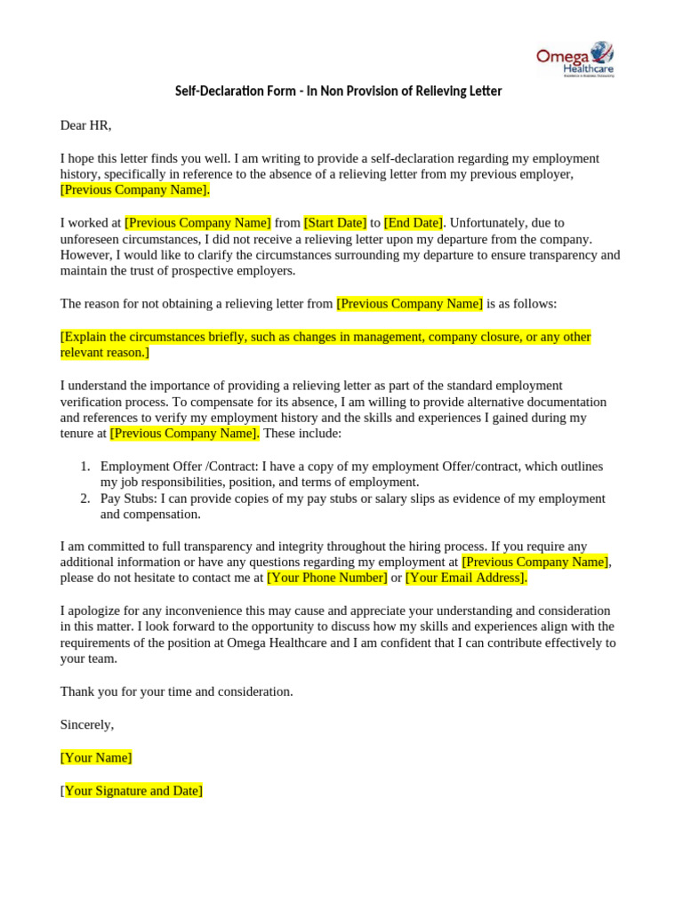 Self-Declaration for Missing Relieving Letter | PDF