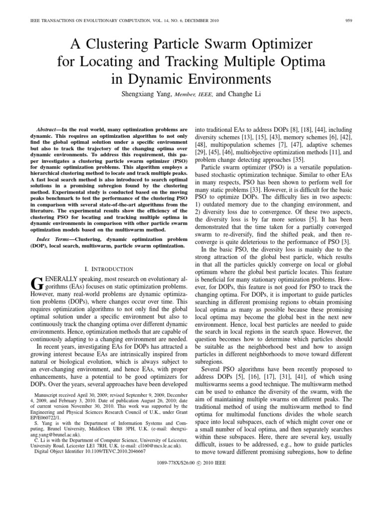 A Clustering Particle Swarm Optimizer For Locating And Tracking Multiple Optima In Dynamic