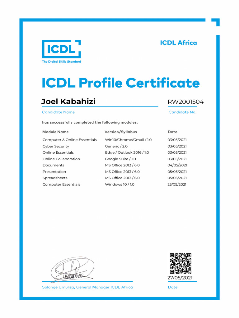 Joel Kabahizi ICDL Certificate | PDF