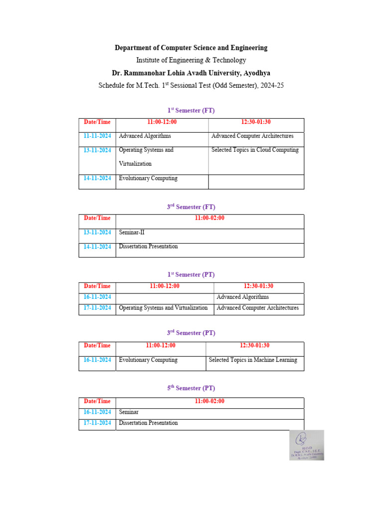 Schedule For M.Tech. 1st Sessional Test | PDF
