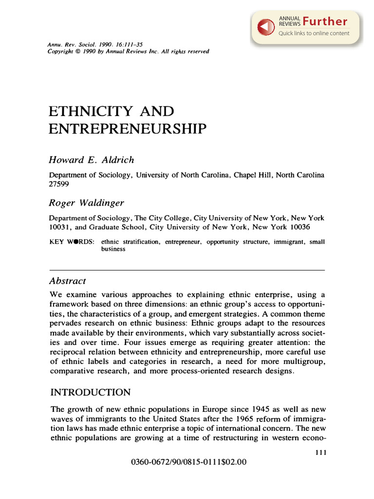 Ethnicity and Entrepreneurshio Anual Review of Sociology | PDF ...