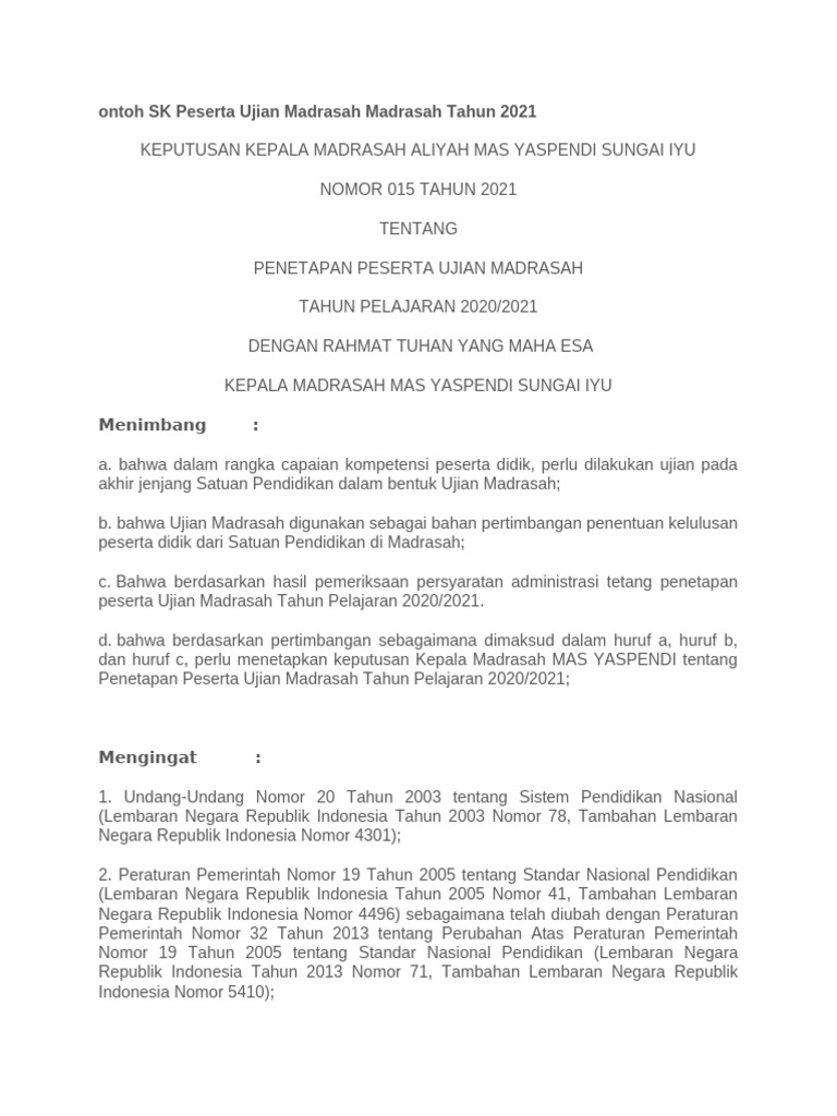 Contoh SK Peserta Ujian Madrasah Madrasah Tahun 2021 | PDF