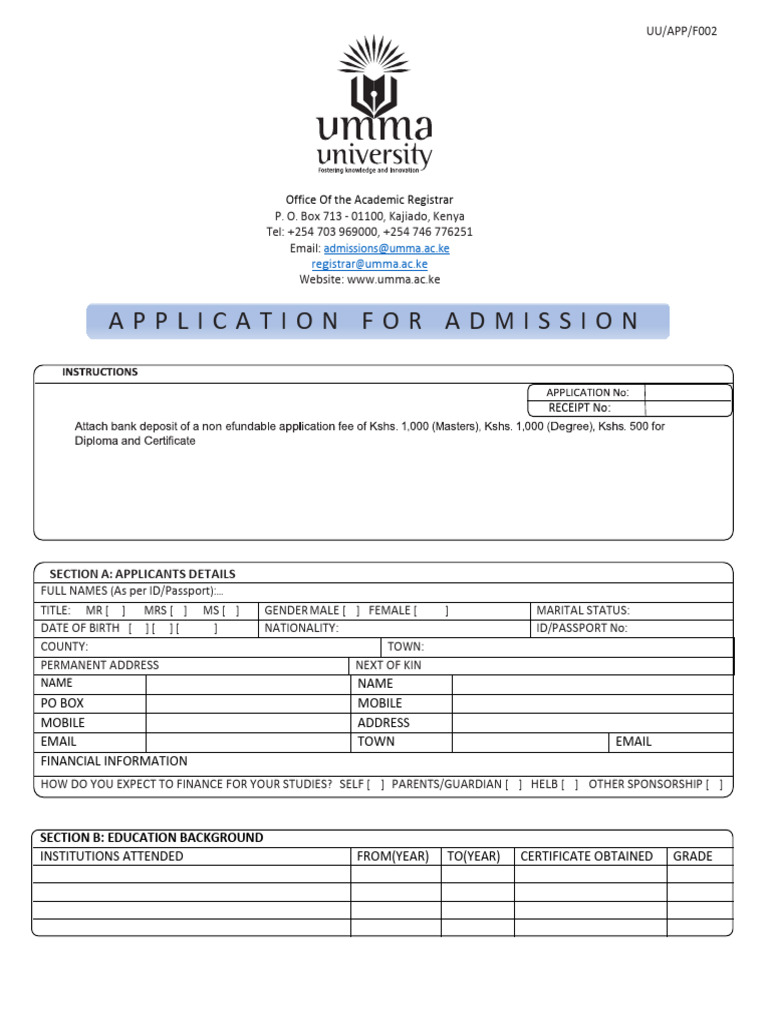 Umma University Admission Application Form | PDF