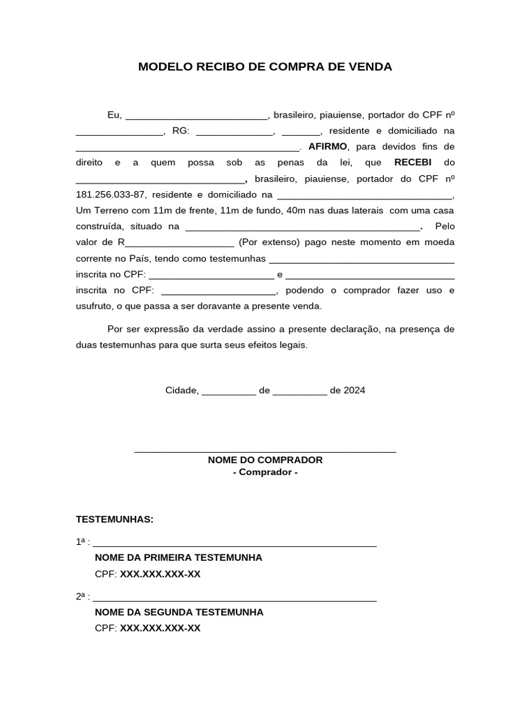 Modelo Recibo de Compra e Venda | PDF