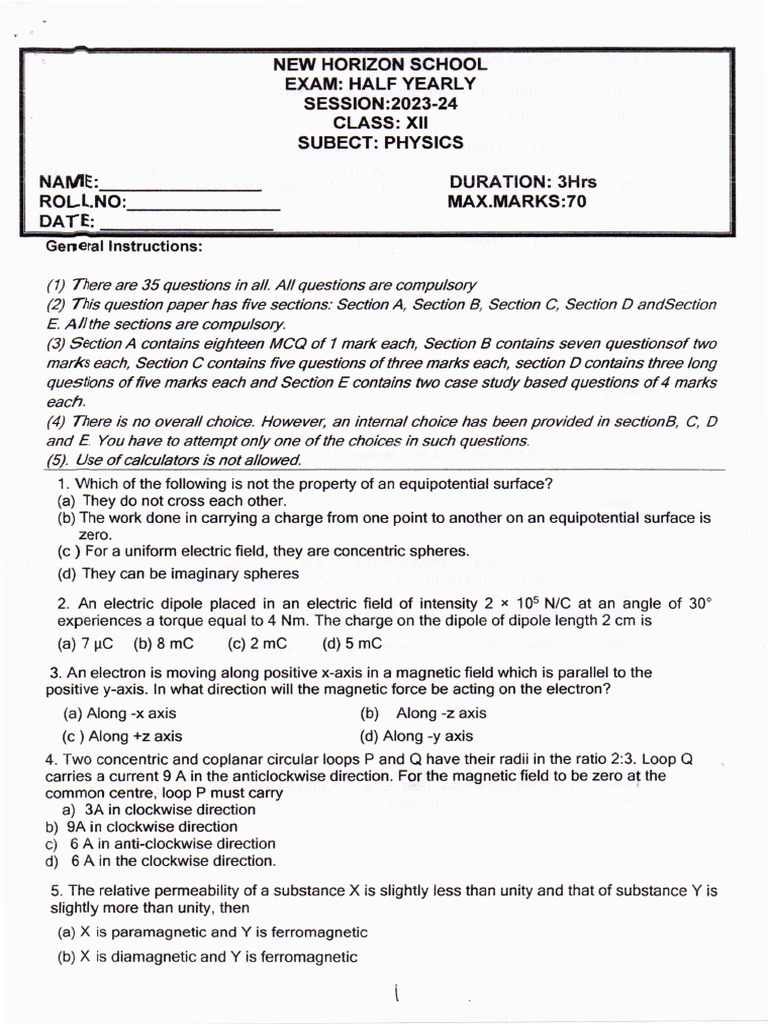 Half Yearly Physics Class 12 2023-24 | PDF