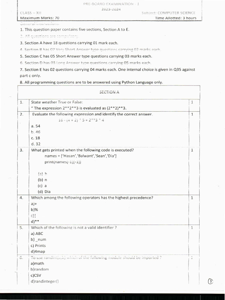 Preboard-1 Computer Science Class 12 2023-24 | PDF