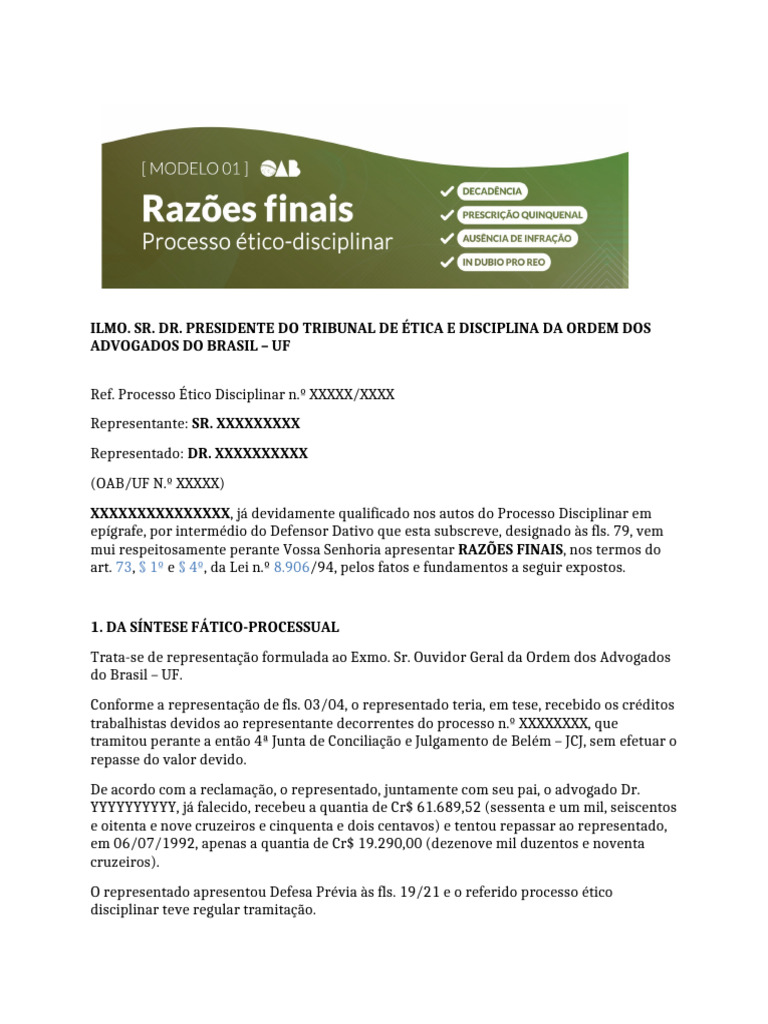 Modelo Razoes Finais Processo Etico Disciplinar Da Oab Defensor Dativo ...