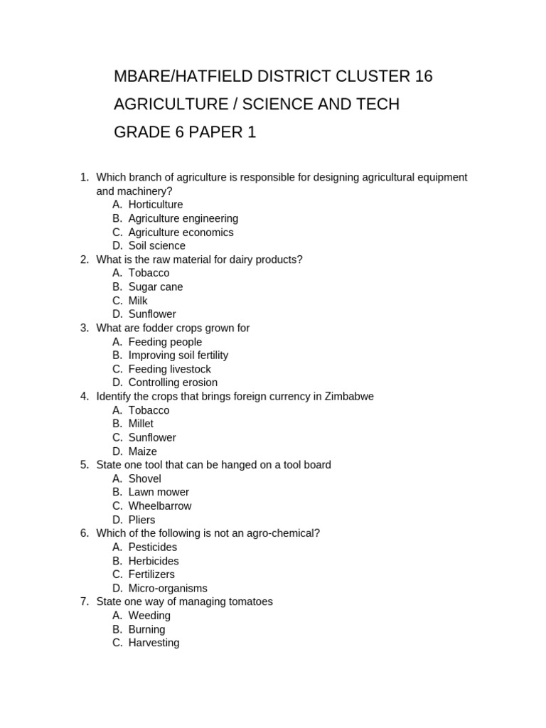 Grade 6 Agriculture Exam Questions | PDF | Agriculture | Water