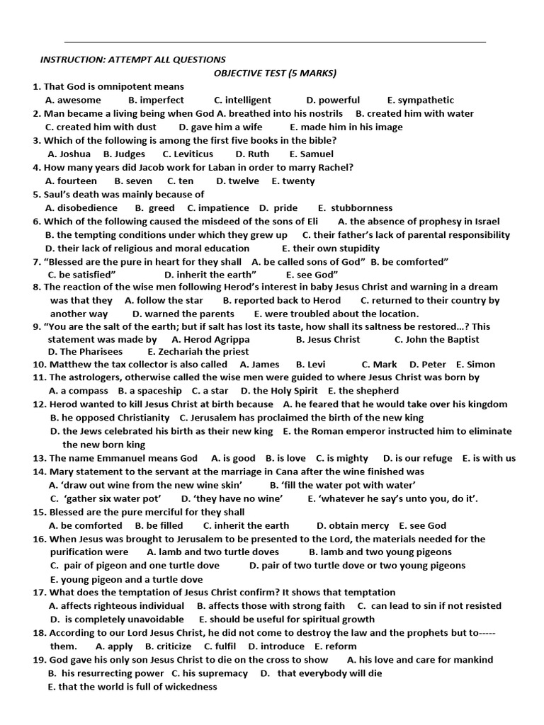 CRS J.S.S. 2 Second Test Questions Ist Term 2024-2025. | PDF | Jesus ...