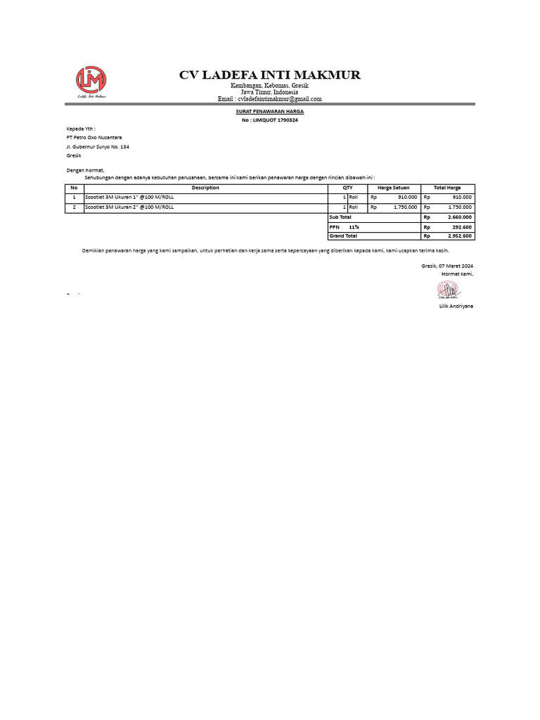 Surat Penawaran Lim 1790324 Petrooxo - XLSX - Sheet1 | PDF