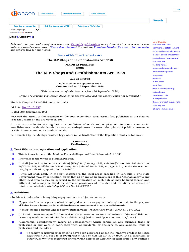 The M.P. Shops and Establishments Act, 1958 THE MADHYA PRADESH SHOPS & ESTABLISHMENTS ACT, 1958 ...