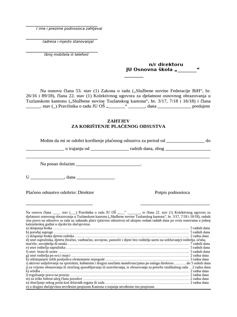 Zahtjev Za Placeno Odsustvo-Ogledni Primjer | PDF