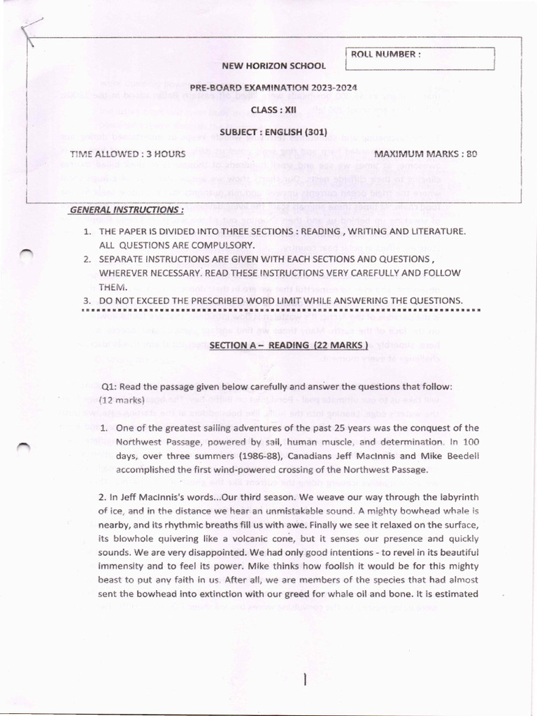 Preboard-1 English Class 12 2023-24 | PDF