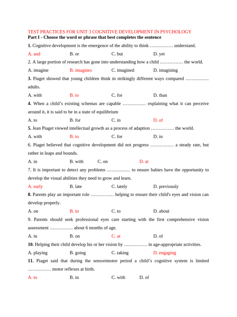 Cognitive Development Test Practices | PDF | Schema (Psychology ...