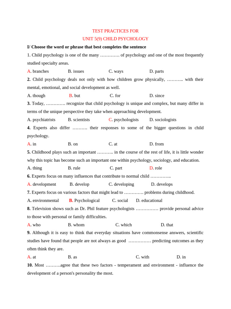 Test Practices For Unit 5 (9) Key | PDF | Psychology | Child Development