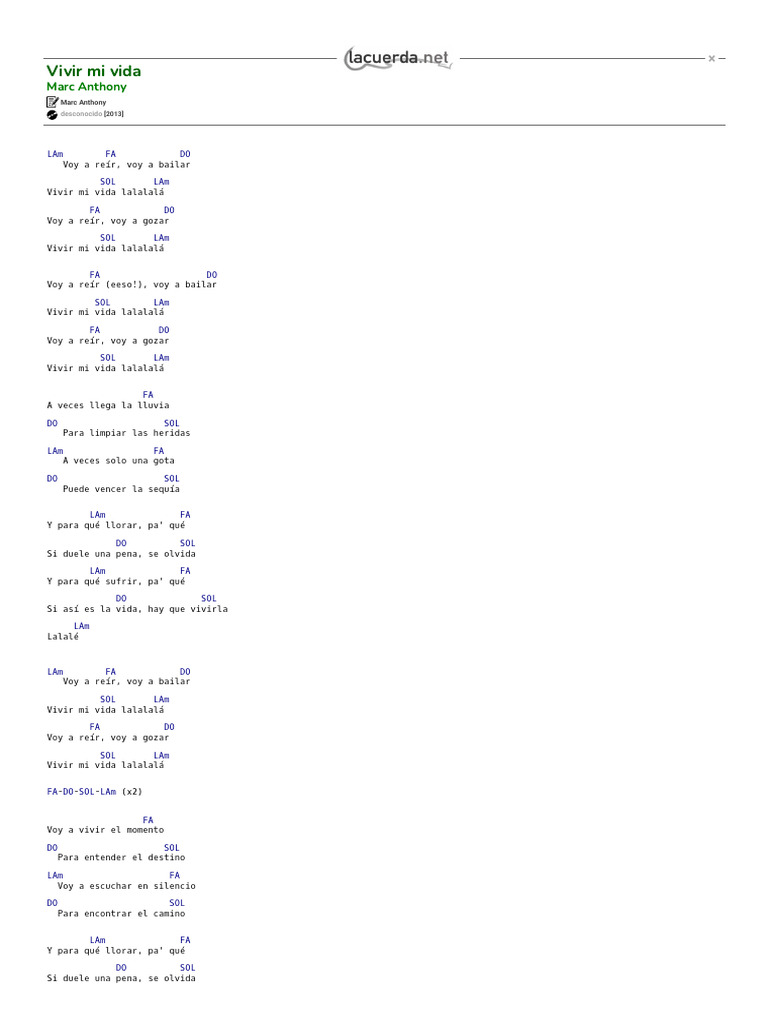 VIVIR MI VIDA, Marc Anthony - Acordes | PDF | Grabación de sonido ...