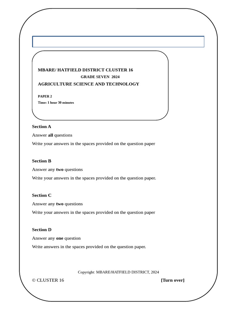 Agric Sci & Tech Paper 2 Mbare Hatfied GR 7 Cluster 16 | PDF | Lever | Earth Sciences