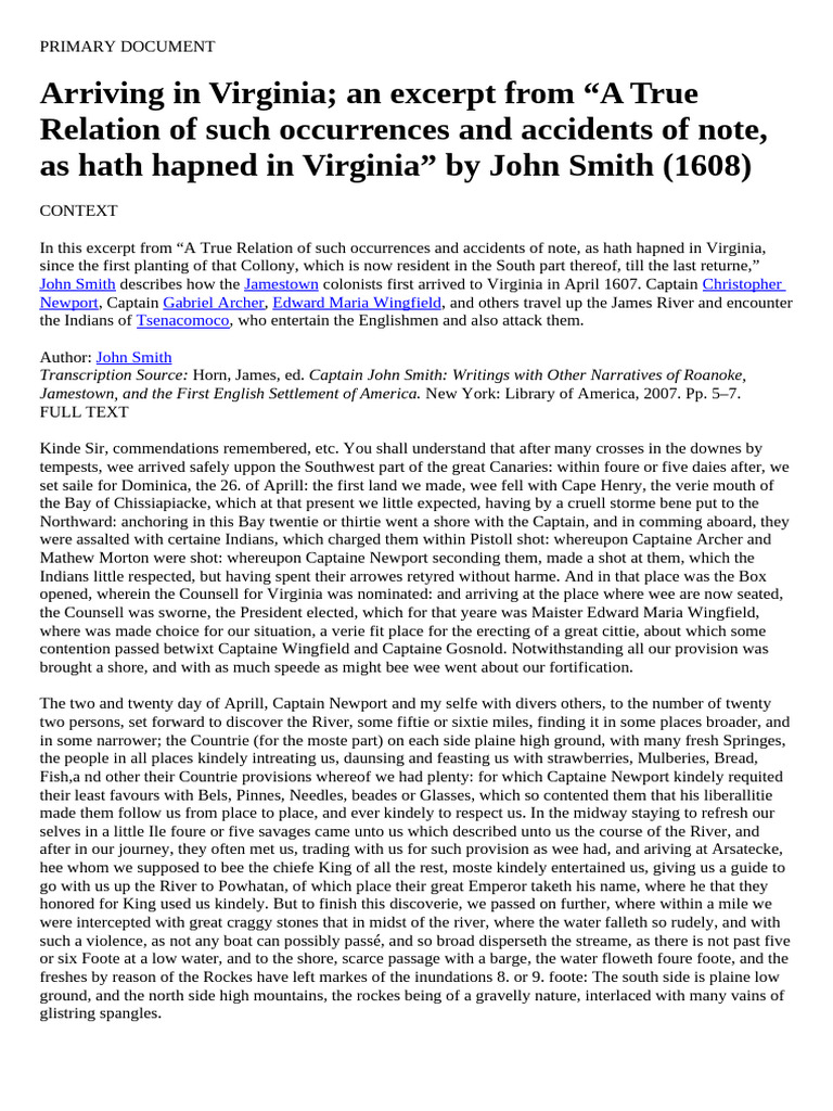 John Smith PRIMARY DOCUMENT | PDF | English Colonization Of The ...