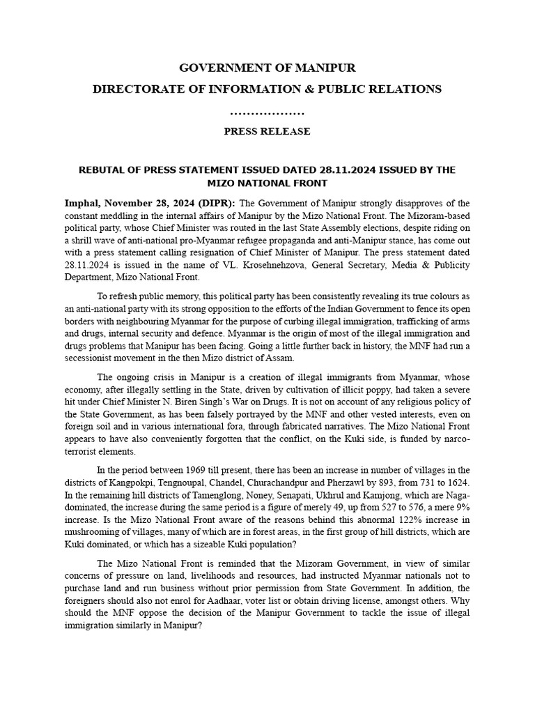 Manipur Government's Rebuttal to MNF | PDF | Myanmar