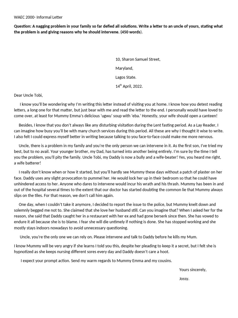 Informal Letter to Uncle on Family Crisis | PDF