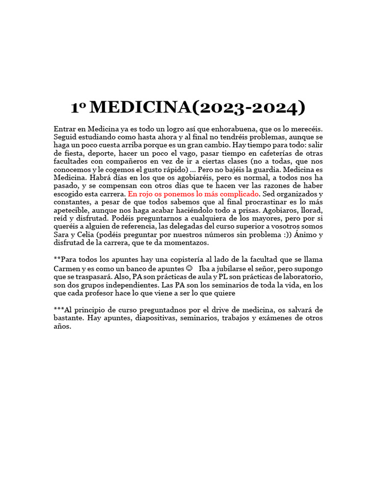 Guia Docente 1º Medicina Actualizada 2023-2024 | PDF