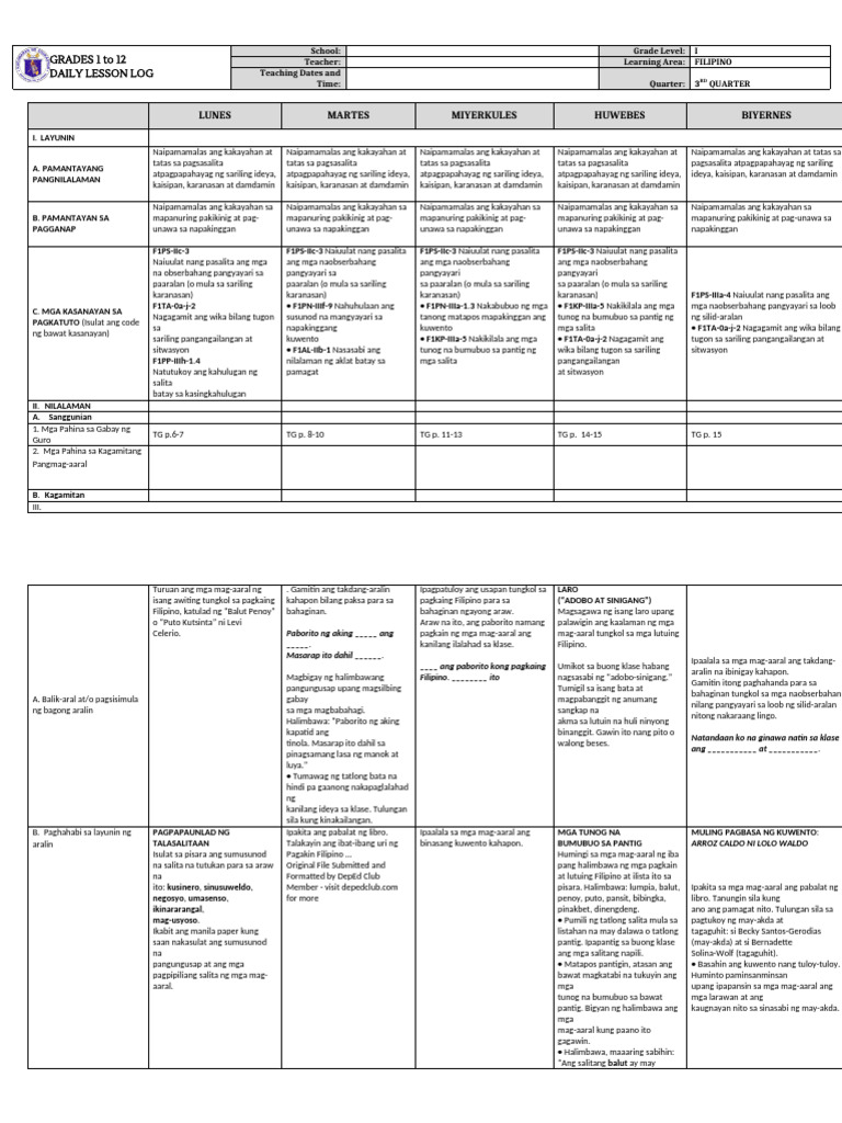 DLL - Filipino 1 - Q3 - W1 | PDF
