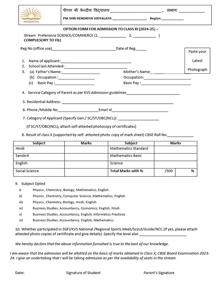 XI_Registration_2024-25 KVS Rohini | PDF