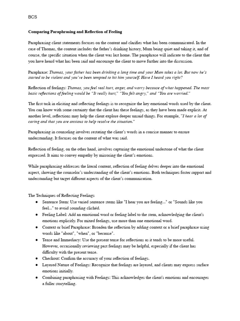 Paraphrasing vs. Reflecting Feelings | PDF | Emotions | Empathy