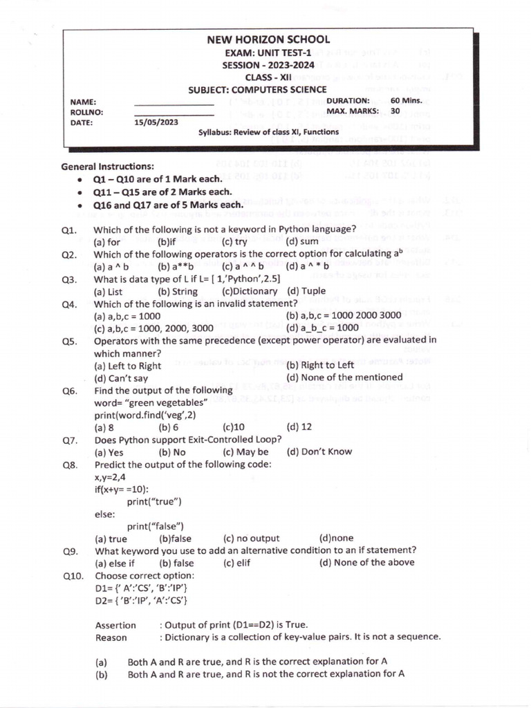 UT-1 - 2023 Computers Science Class 12 | PDF
