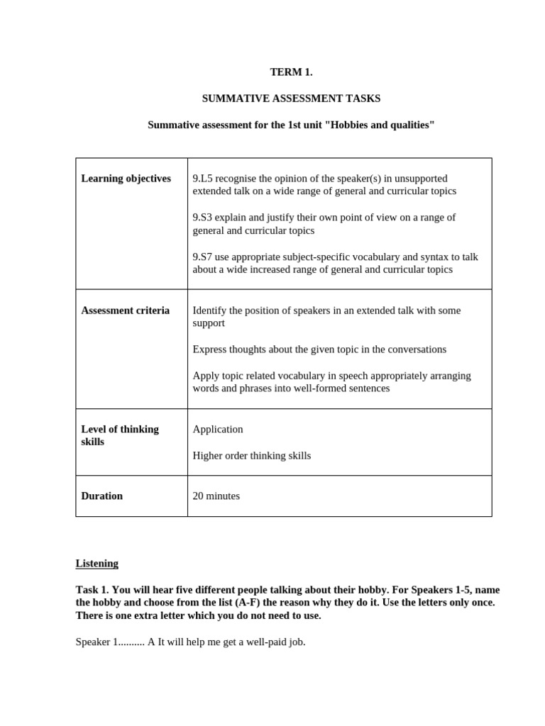 Grade 7 Hobbies Assessment Guide | PDF | Vocabulary | Hobbies