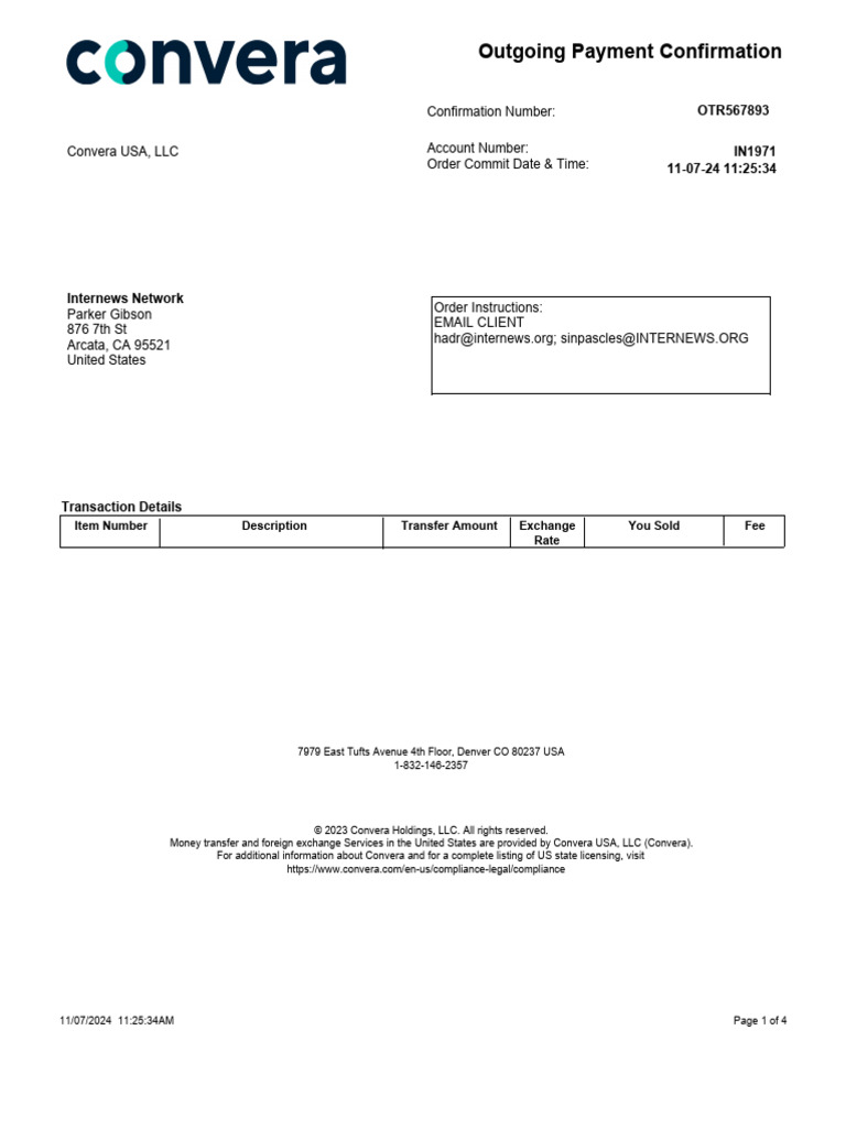 Convera USA Outgoing Payment Confirmation | PDF | Wire Transfer | Banks